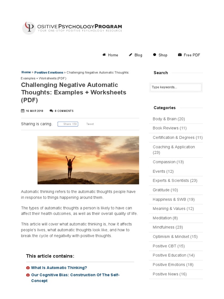 Challenging Negative Automatic Thoughts - Examples + Worksheets PDF ...