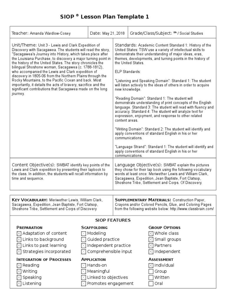 SIOP Sample Lesson Plan | PDF | Neuropsychology | Change