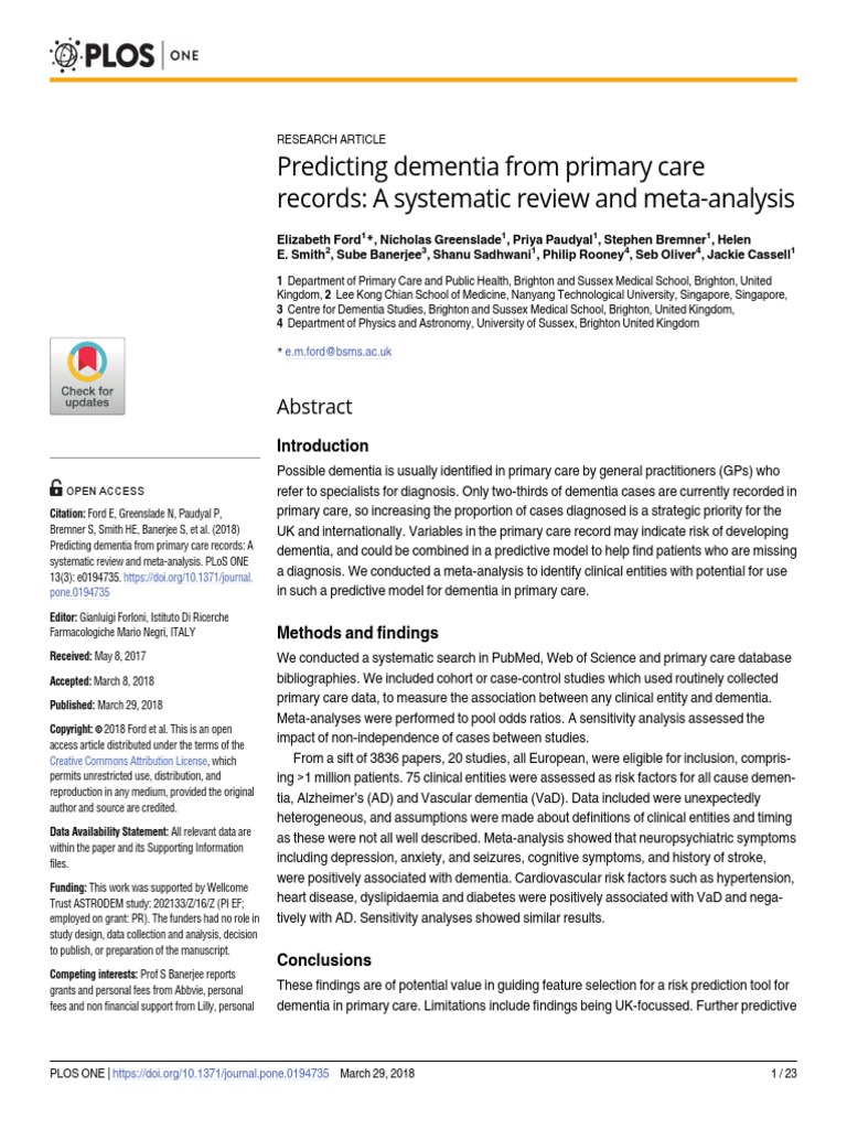 Predicting Dementia From Primary Care Records: A Systematic Review and ...
