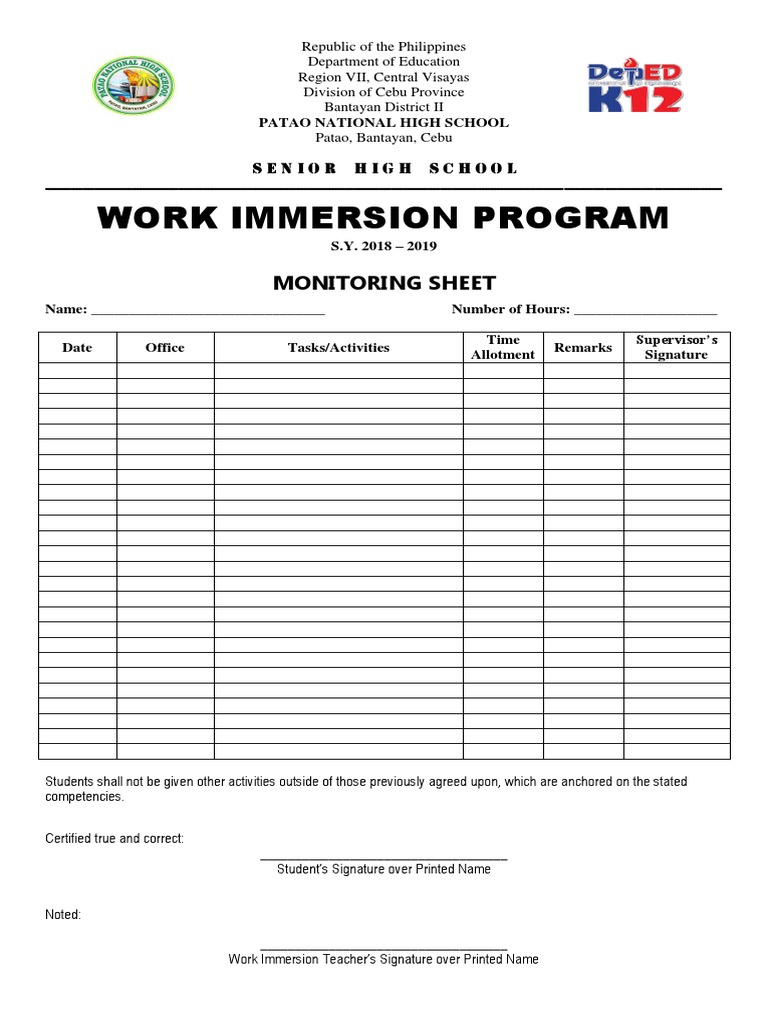 Work Immersion Program: Monitoring Sheet | PDF