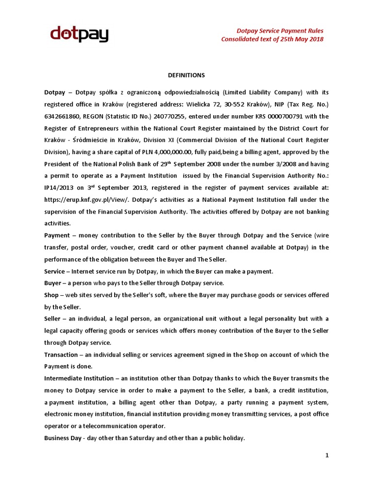Dotpay Service Payment Rules Consolidated Text of 25th May 2018 | PDF | Financial Transaction ...