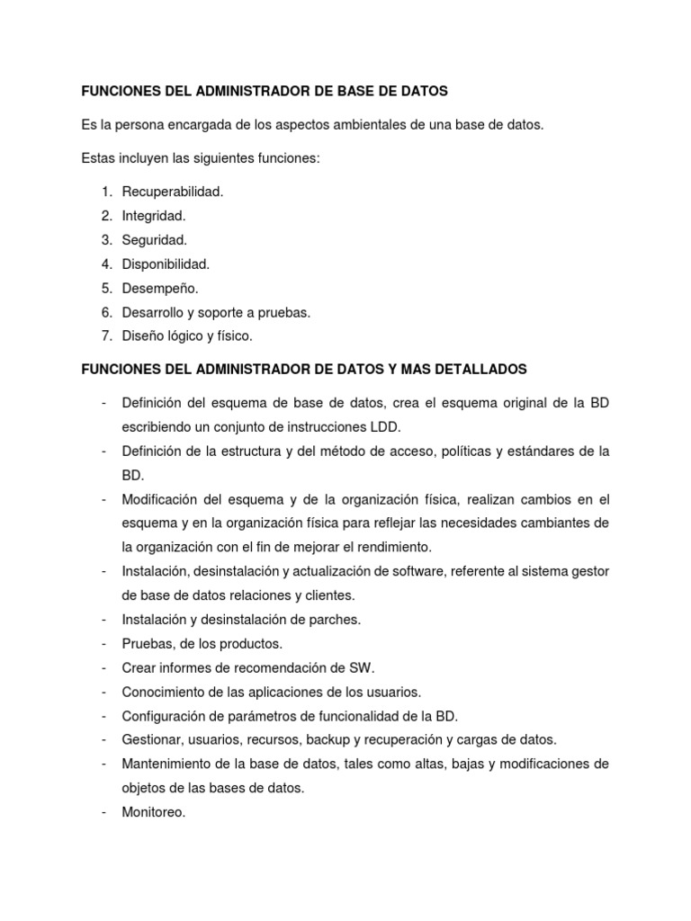 Funciones Del Administrador de Base de Datos | PDF | Bases de datos | Apoyo