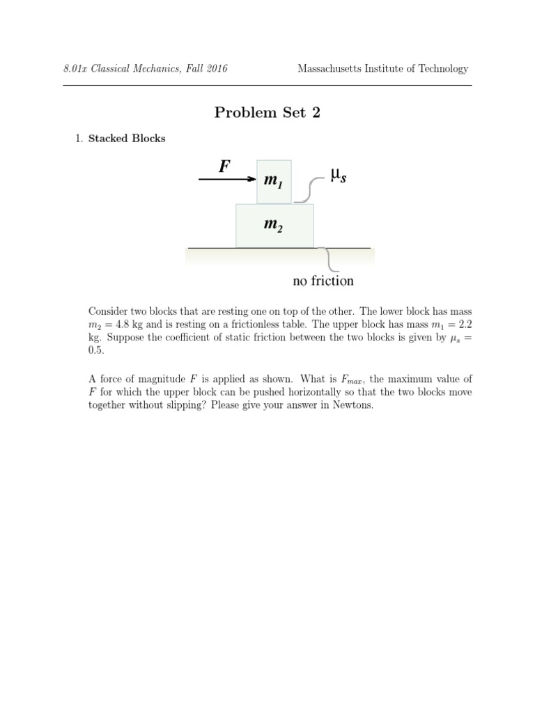 MIT Problem Set Up For NSL | PDF | Friction | Force