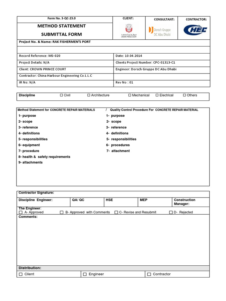 Method Statement Submittal Form: Project No. & Name: Rak Fishermen'S Port | PDF