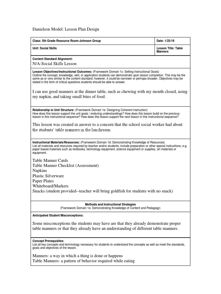 Table Manners Lesson Plan | PDF | Educational Assessment | Psychotherapy