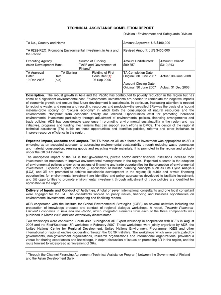 39340-01-Reg-Tcr Adb - Technical Assistance Completion Report | PDF ...