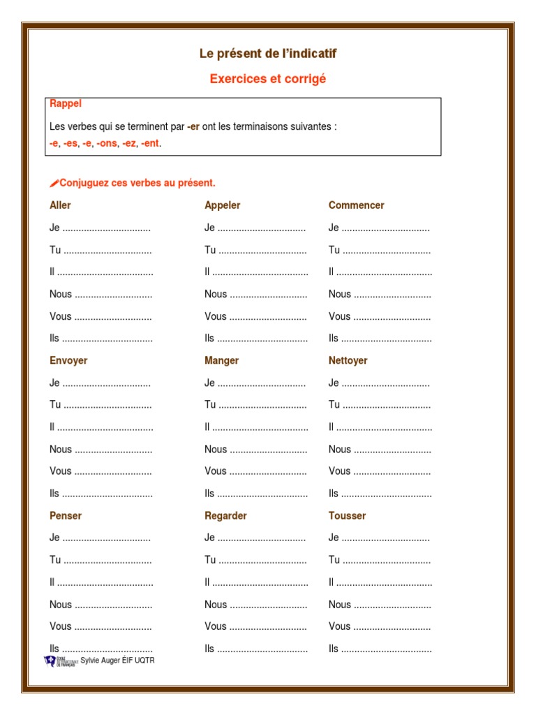 Le Present de L'indicatif Exercices Et Corrige Web | PDF | Verbe