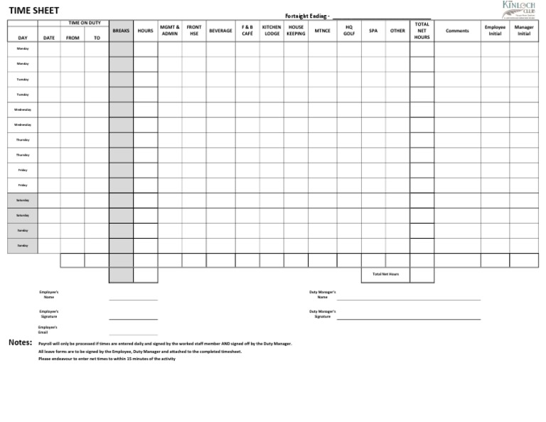 Fortnight Timesheet Tracking Various Roles Across Hotel Departments ...