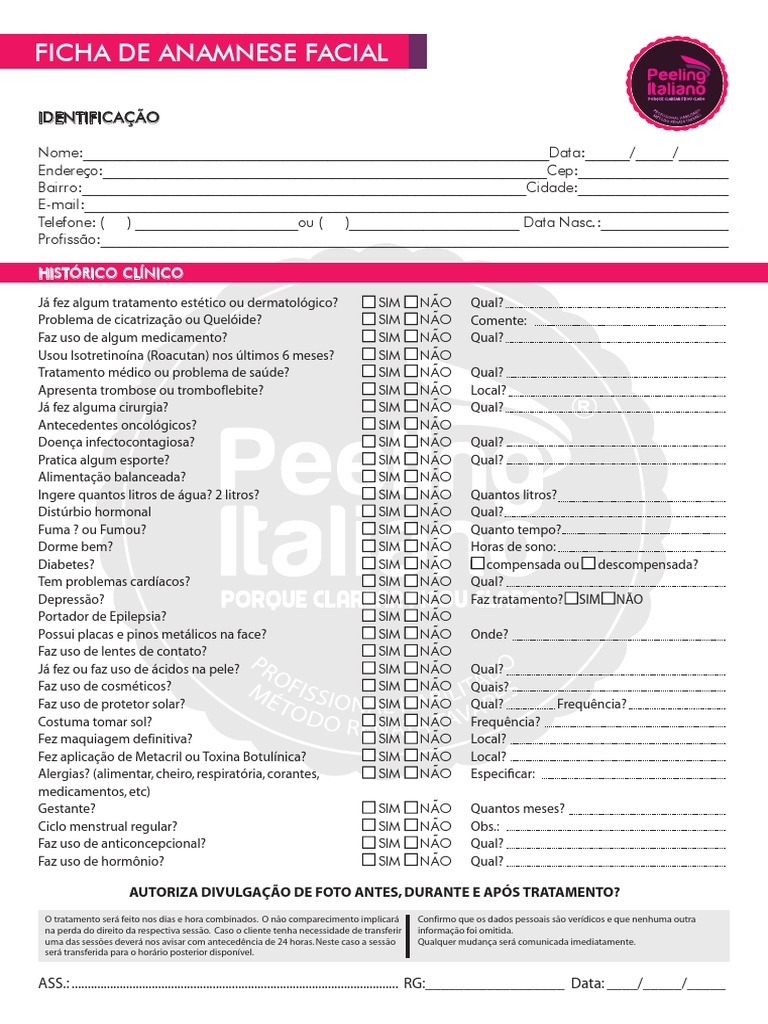 Anamnese Facial Peeling Italiano | PDF | RTT | Doenças e distúrbios