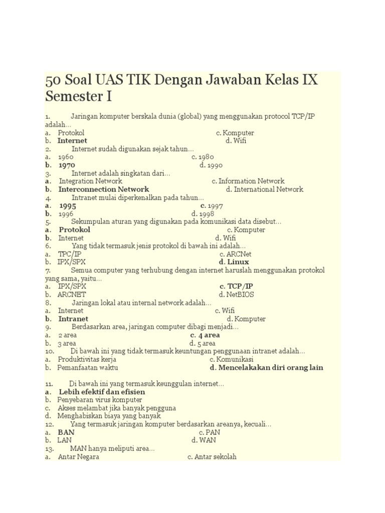 50 Soal UAS TIK Dengan Jawaban Kelas IX Semester I | PDF