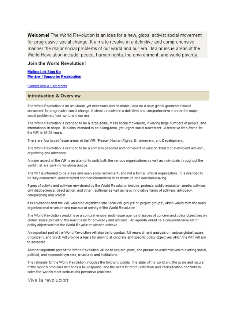 Welcome! The World Revolution Is An Idea For A New, Global Activist ...