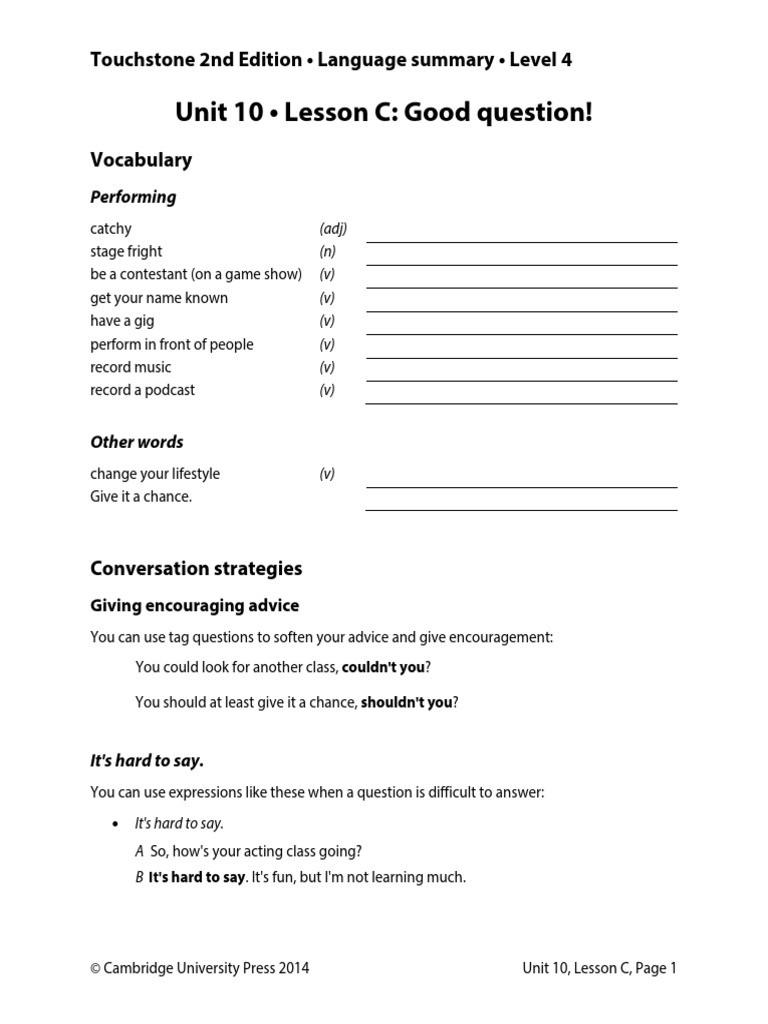 Unit 10 - Lesson C: Good Question!: Touchstone 2nd Edition - Language Summary - Level 4 | PDF