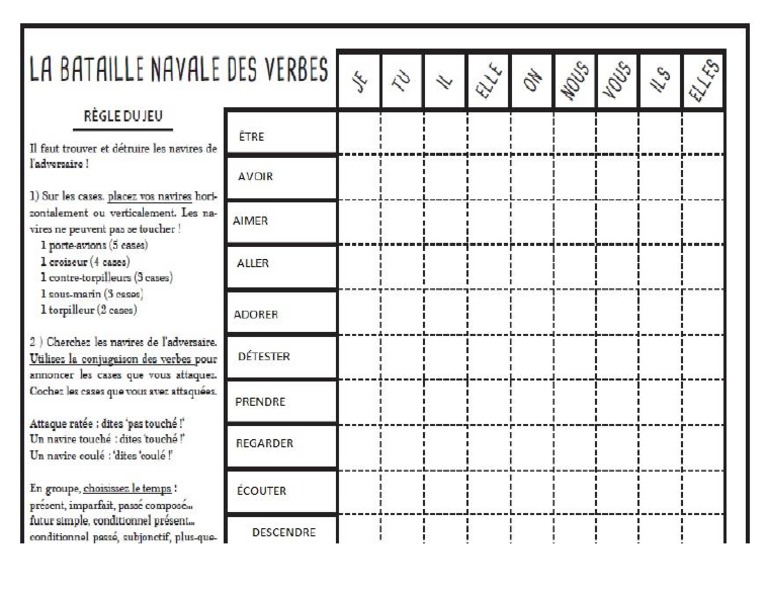 Bataille Navale Des Verbes A1 | PDF