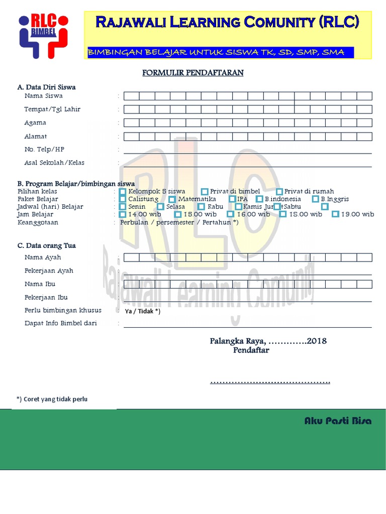 Contoh FORMULIR PENDAFTARAN Bimbel | PDF