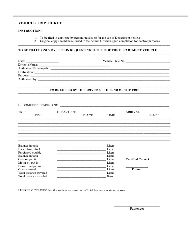 Blank Vehicle Trip Ticket | PDF | Vehicles | Transport