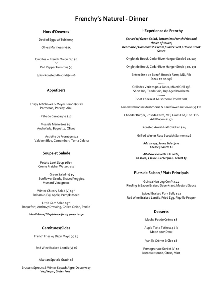 Frenchy's Naturel Dinner Menu
