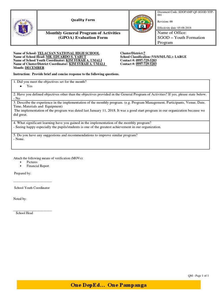 Monthly General Program of Activities (GPOA) Evaluation Form | PDF | Behavior Modification ...