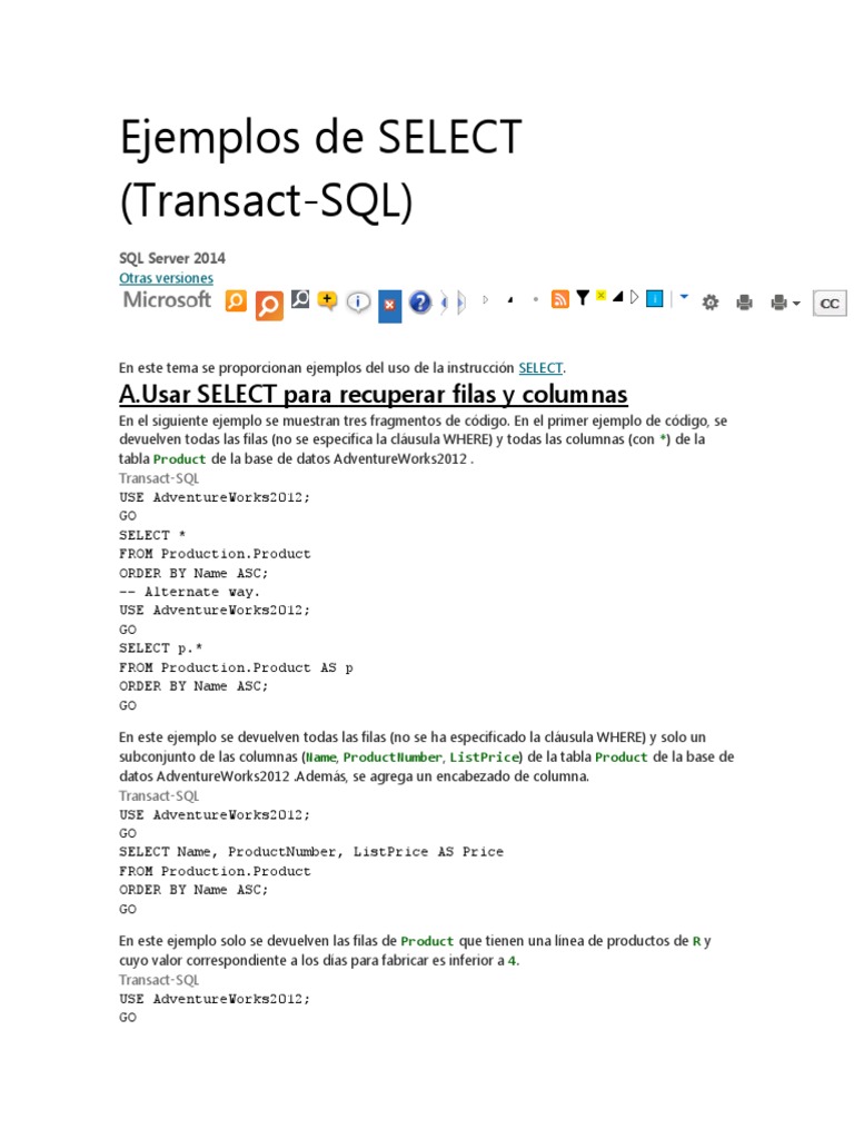 Ejemplos de SELECT SQL | PDF | SQL | Servidor SQL de Microsoft