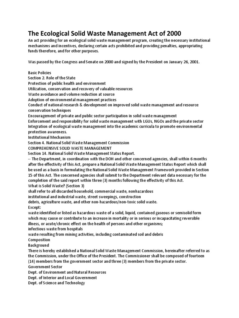 The Ecological Solid Waste Management Act of 2000 | PDF | Waste ...