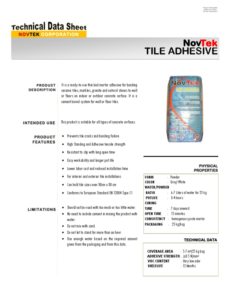 NovTek Tile Adhesive Product Data Sheet: Key Features, Application ... NovTek Tile Adhesive Product Data Sheet: Key Features, Application ...