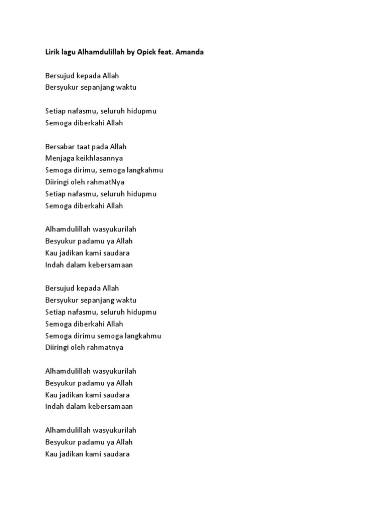 Lirik Lagu Alhamdulillah by Opick Feat | PDF