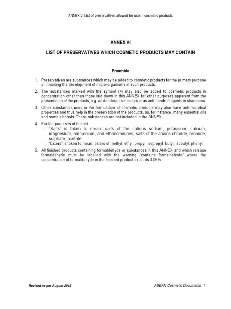Annex Vi List of Preservatives Which Cosmetic Products May Contain ...