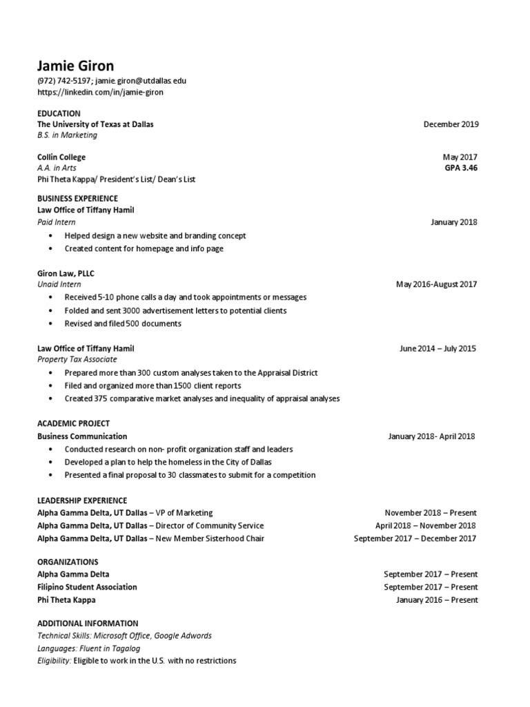 JSOM Resume 2019 | PDF | University Of Texas At Dallas | Communication