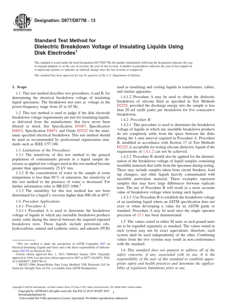 ASTM 877 Standard Test Method For Dielectric Brea PDF | PDF ...