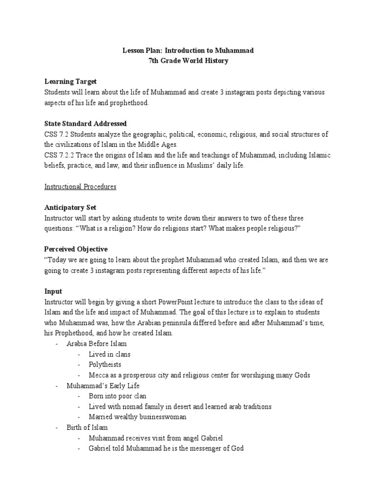 Lesson Plan: Introduction To Muhammad 7th Grade World History Learning ...