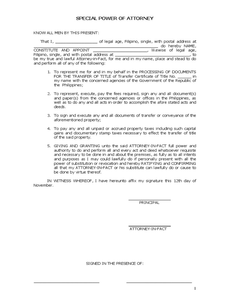 SPA - Transfer Title - Blank | PDF | Power Of Attorney | Notary Public