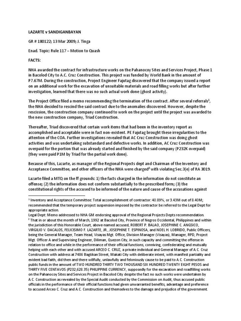 Lazarte v. Sandiganbayan: Motion to Quash Denied | PDF | Conspiracy ...