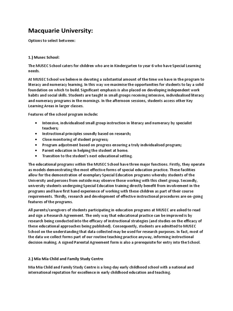 Macquarie University:: 1.) Musec School | PDF | Early Childhood ...
