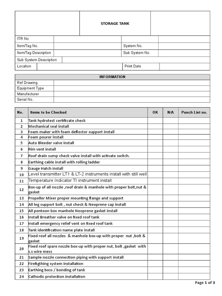 Tank Inspectiom Checksheet | PDF | Valve | Equipment