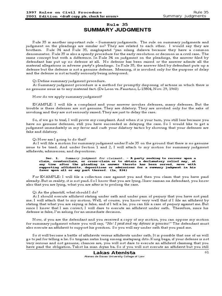 Rule 35 Summary Jdgmnts | PDF | Summary Judgment | Pleading