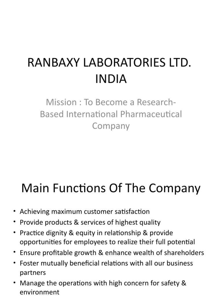 Ranbaxy Laboratories Ltd. India: Mission: To Become A Research-Based ...