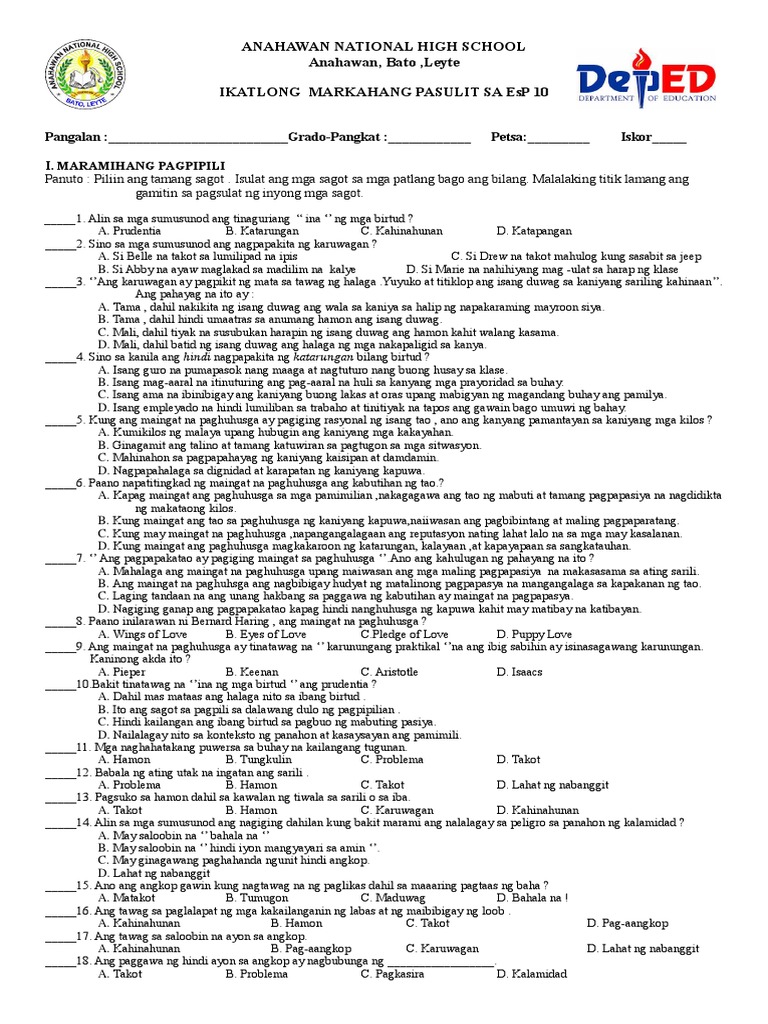3rd Periodical Test In Esp10 Pdf
