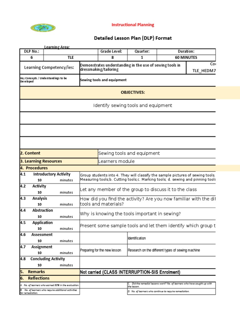 TLE Dressmaking Lesson Plans | PDF | Sewing | Lesson Plan