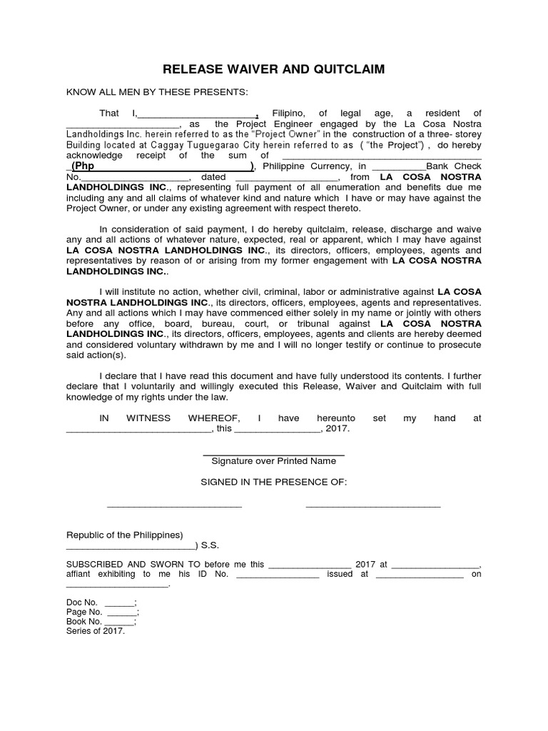 Release Waiver and Quitclaim Sample | PDF | Government Information ...