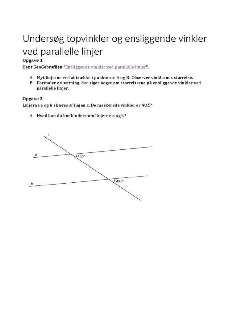 Undersøg Topvinkler Og Ensliggende Vinkler Ved Parallelle Linjer | PDF
