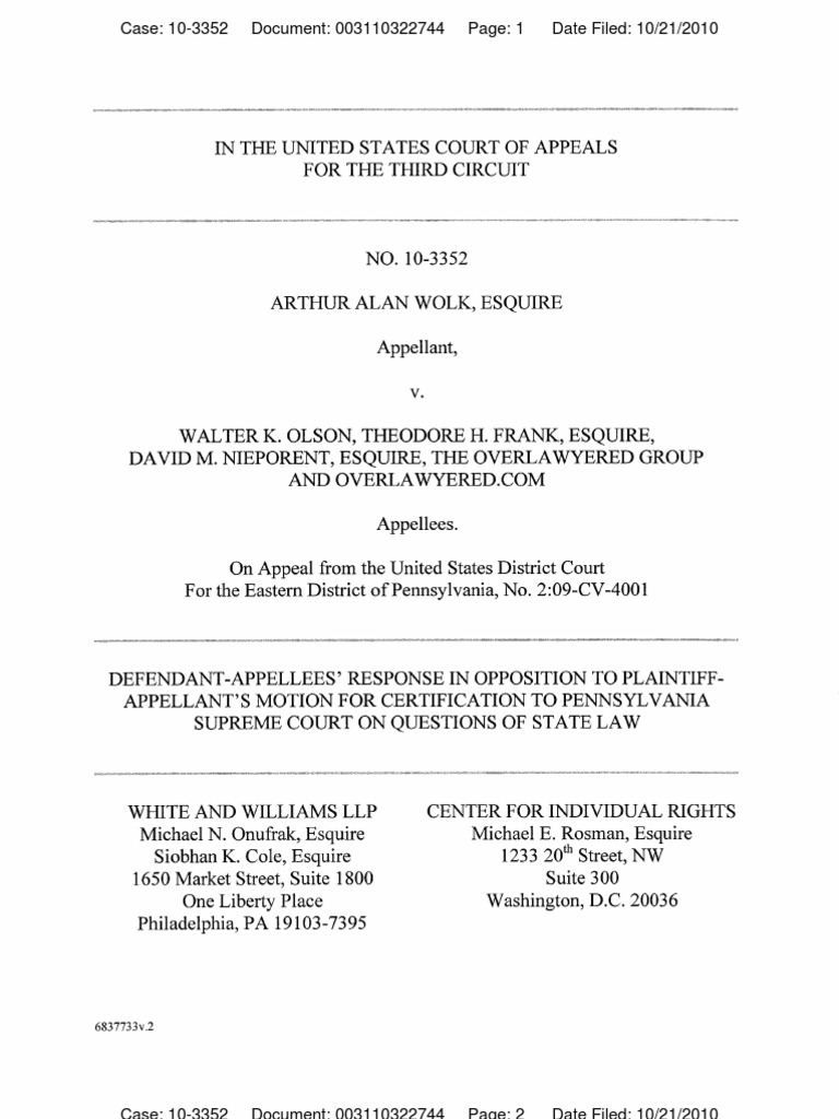 Arthur Wolk v. Olson, 10-3352, Opposition To Motion To Certify | PDF ...