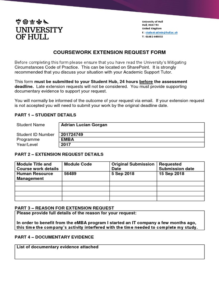 Coursework Extension Form 1 | PDF | Master Of Business Administration