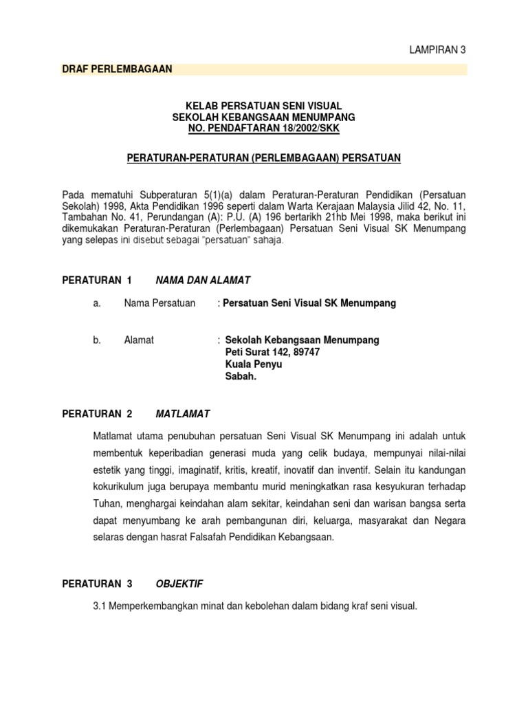 Perlembagaan Persatuan Seni Visual SK Menumpang | PDF