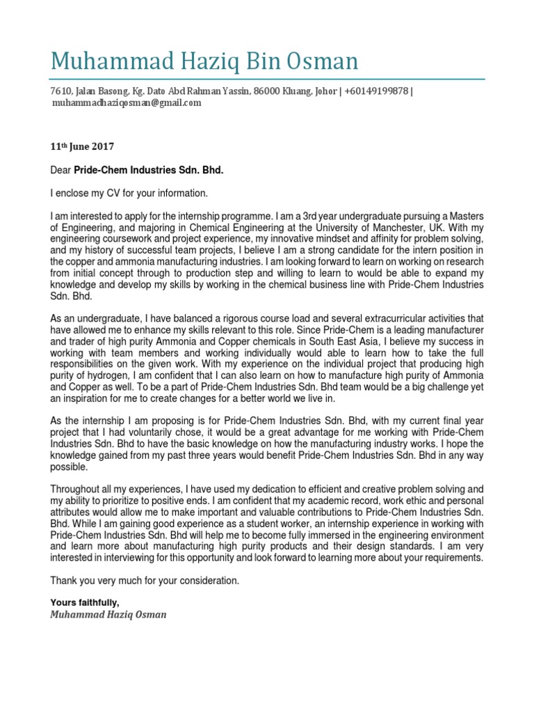Muhammad Haziq Bin Osman - Cover Letter - Pride-Chem | PDF ...