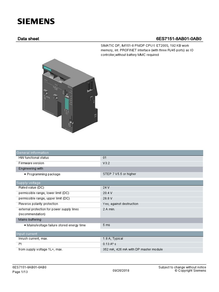 Data Sheet 6ES7151-8AB01-0AB0: General Information | PDF | Input/Output | Port (Computer Networking)