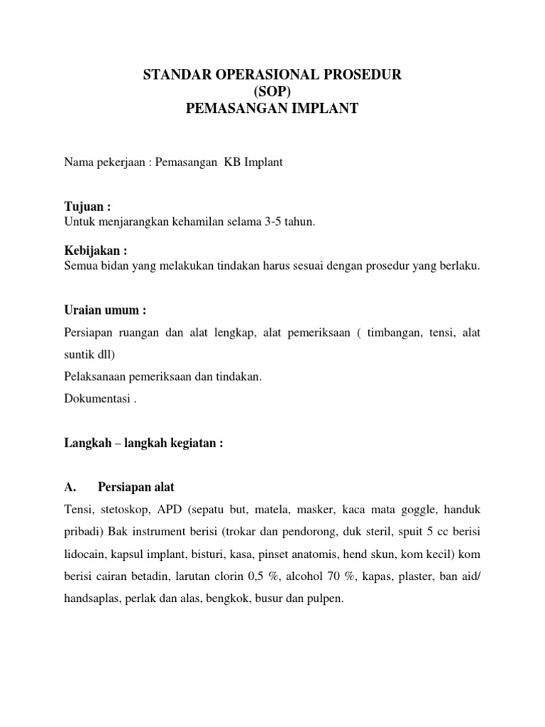 Standar Operasional Prosedur Pemasangan KB Implant | PDF