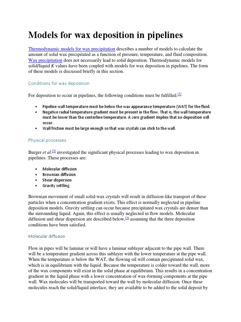 Models For Wax Deposition in Pipelines | PDF | Diffusion | Deposition ...