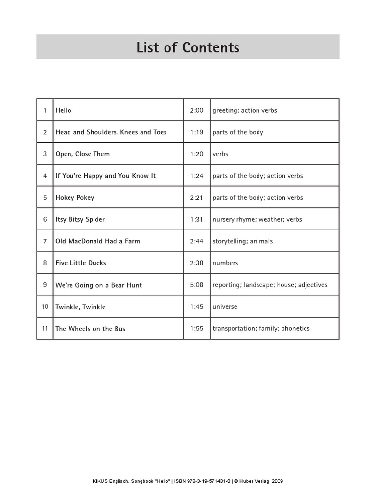 List of Contents: KIKUS Englisch, Songbook "Hello" - ISBN 978-3-19 ...
