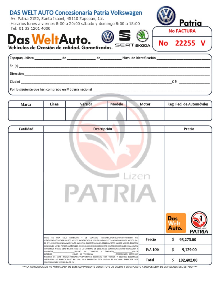 Factura Volkswagen | Descargar gratis PDF | Volkswagen | Fabricantes de ...