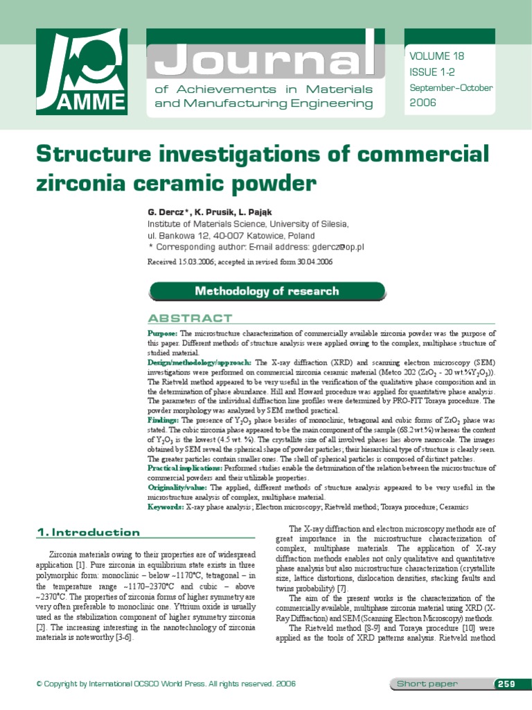 Structure Investigations of Commercial Zirconia Ceramic Powder | PDF ...