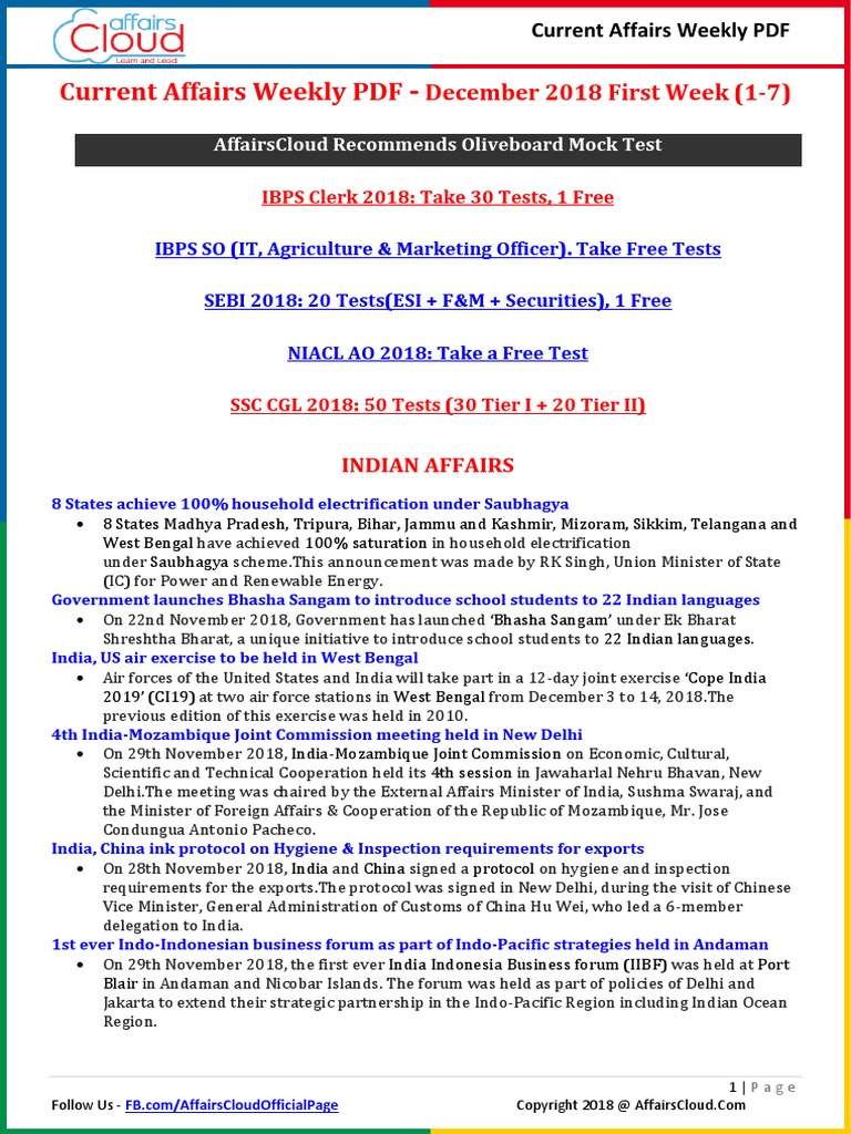 Current Affairs Weekly PDF: December 2018 First Week (1-7) | PDF ...